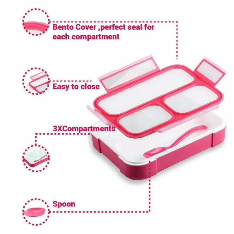 Bento Lunch Box Pink 1000ML 3 Comp Meal Prep Leakproof BPA Free ...